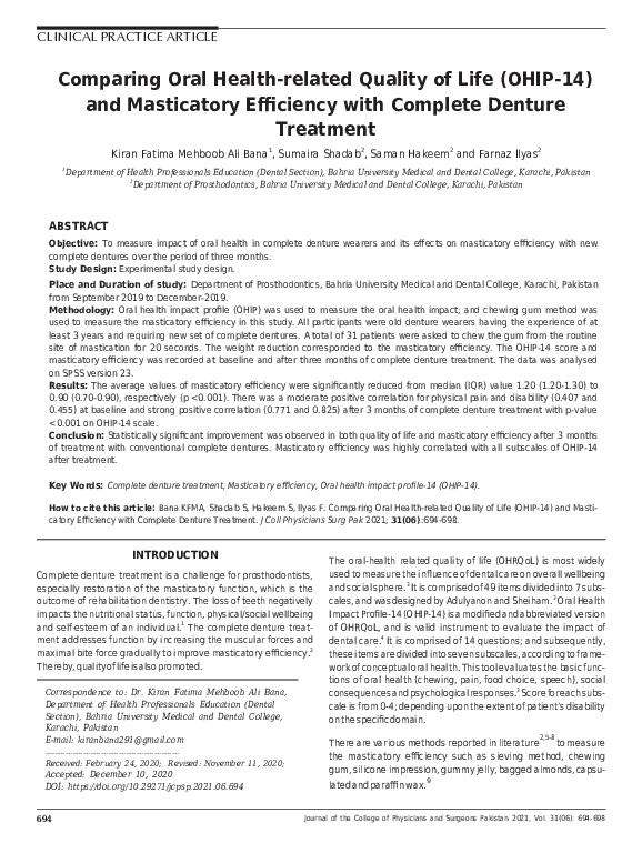 (PDF) Comparing Oral Health-related Quality of Life (OHIP-14) and Masticatory Efficiency with ...
