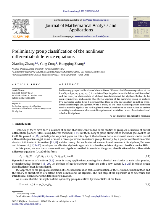 (PDF) Preliminary group classification of the nonlinear differential–difference equations