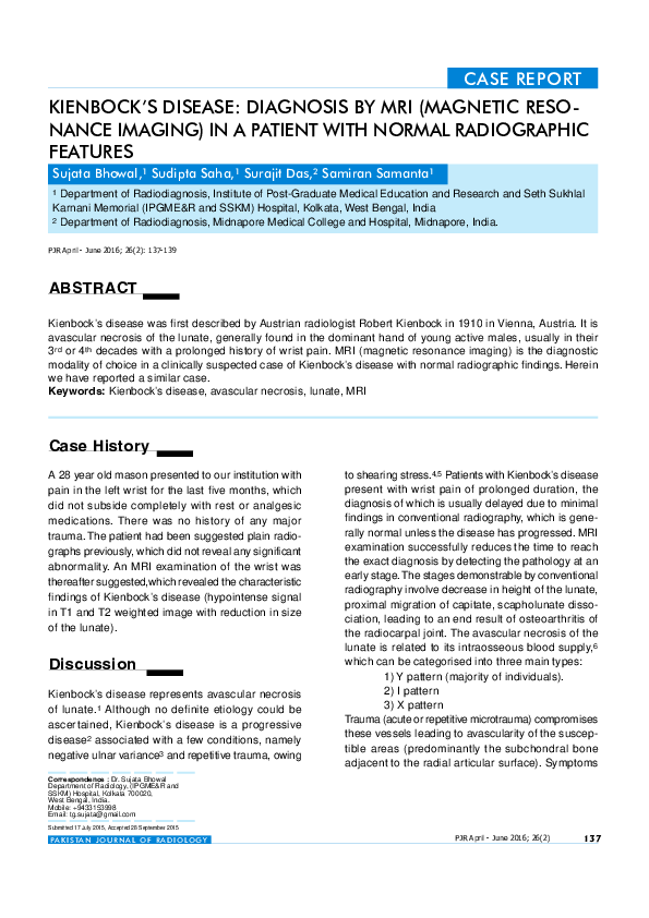 (PDF) Kienbock's Disease: Diagnosis by MRI in a Patient with Normal ...