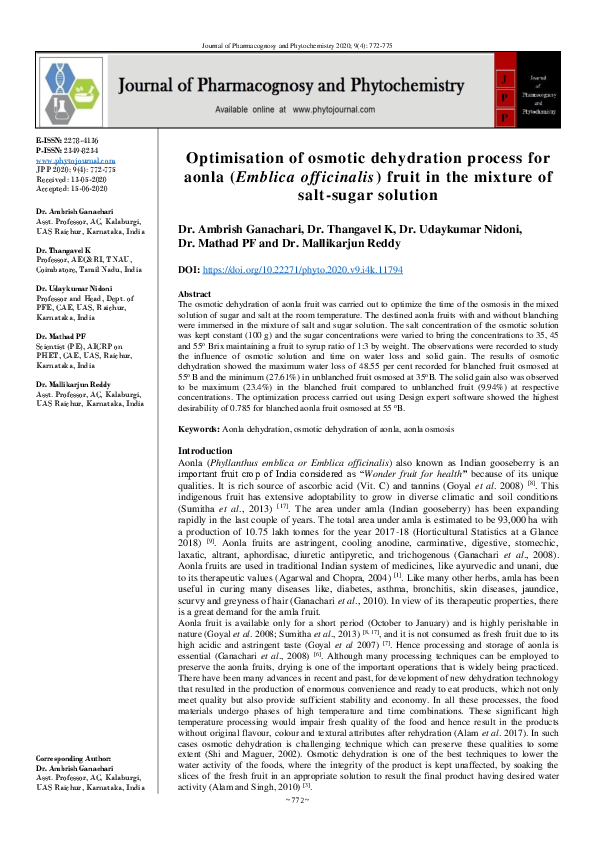 (PDF) Optimisation of osmotic dehydration process for aonla (Emblica officinalis) fruit in the ...