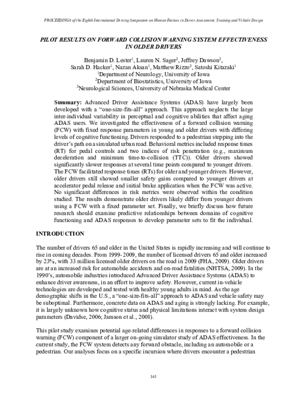 (PDF) Pilot Results on Forward Collision Warning System Effectiveness in Older Drivers