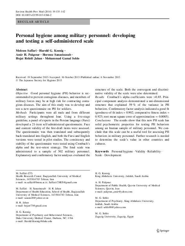 (PDF) Personal hygiene among military personnel: developing and testing ...