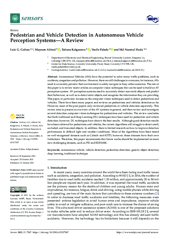 Pdf Pedestrian And Vehicle Detection In Autonomous Vehicle Perception Systems—a Review 