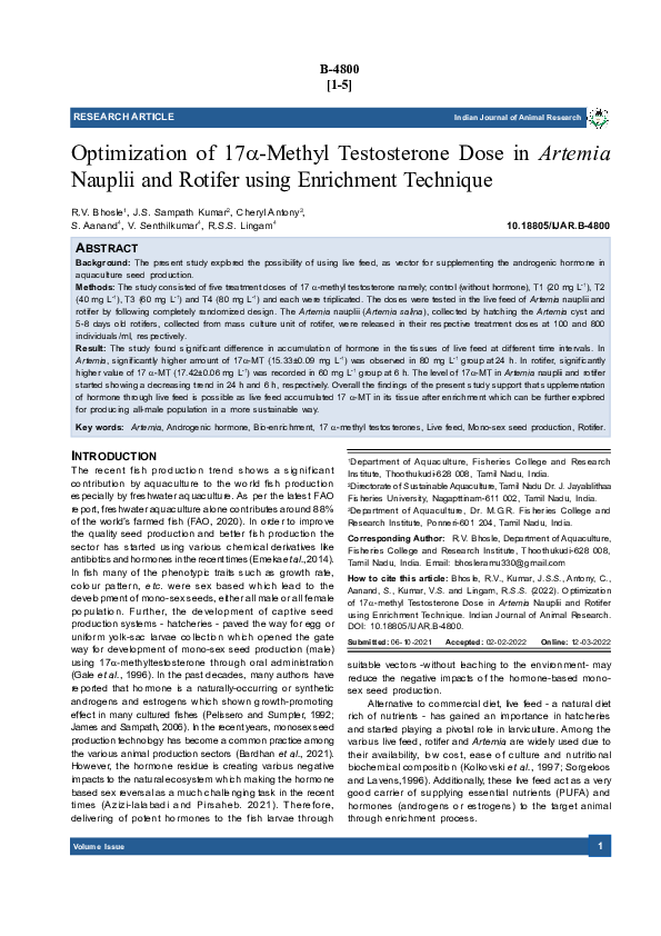 (PDF) Optimization of 17α-Methyl Testosterone Dose in Artemia Nauplii ...