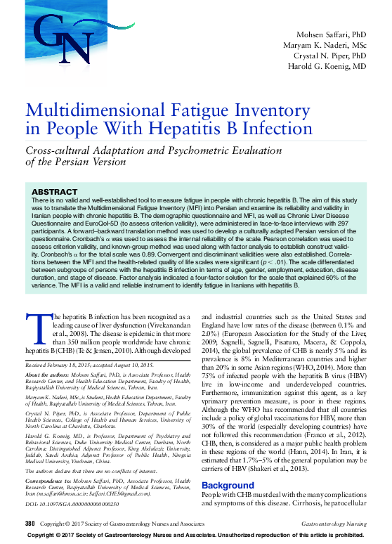 (PDF) Multidimensional Fatigue Inventory in People With Hepatitis B ...