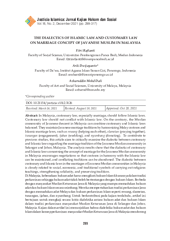 (PDF) The Dialectics of Islamic Law and Customary Law on Marriage Concept of Javanese Muslim in ...