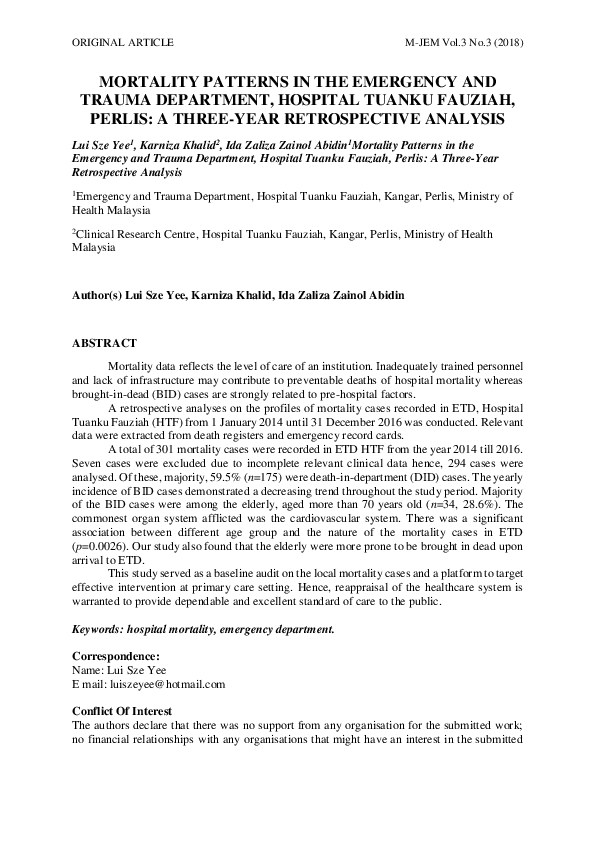 (PDF) Mortality Patterns in the Emergency and Trauma Department, Hospital Tuanku Fauziah, Perlis ...