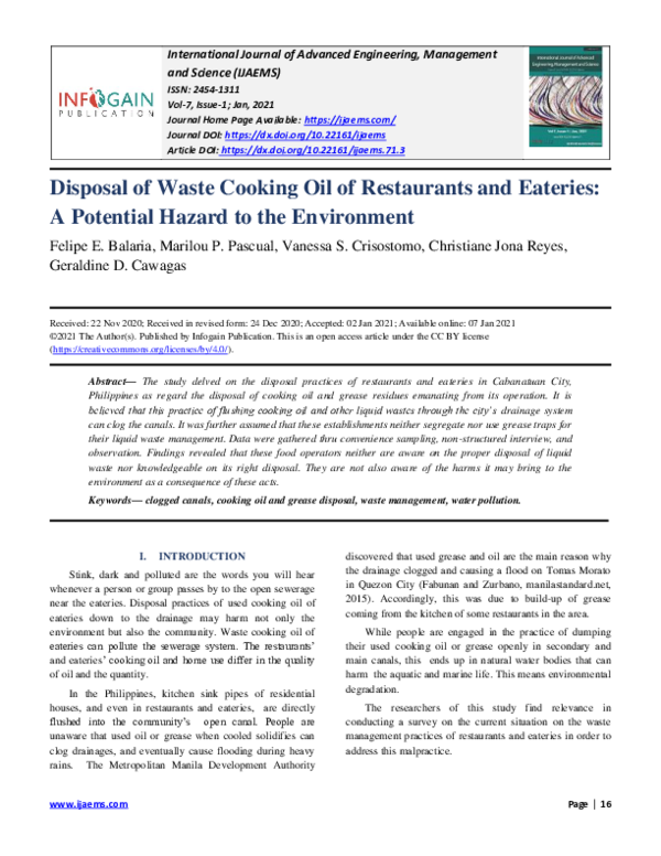 (PDF) Disposal of Waste Cooking Oil of Restaurants and Eateries: A ...