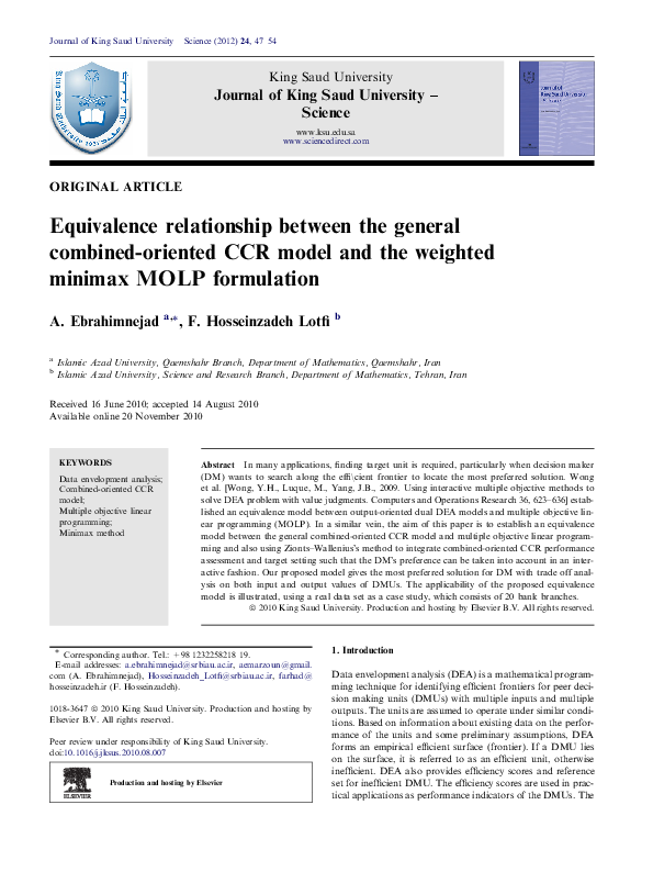 Pdf Equivalence Relationship Between The General Combined Oriented Ccr Model And The Weighted