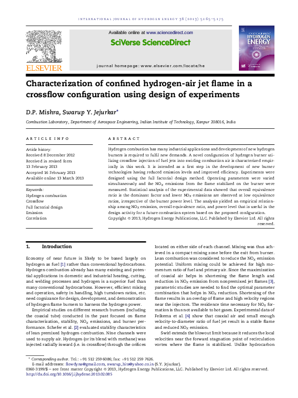 (PDF) Characterization of confined hydrogen-air jet flame in a crossflow configuration using ...
