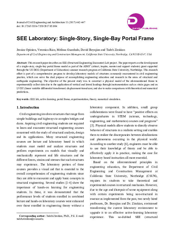 (PDF) SEE Laboratory: Single-Story, Single-Bay Portal Frame