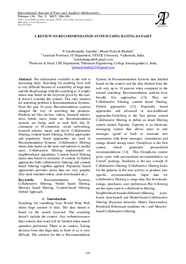 Pdf A Review On Recommendation System Using Rating Dataset