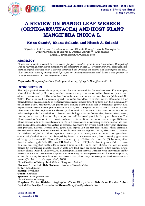 (PDF) A Review on Mango Leaf Webber (Orthgaexvinacea) and Host Plant ...