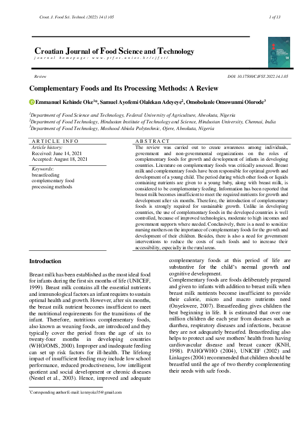 (PDF) Complementary Foods and Its Processing Methods