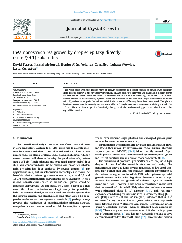(PDF) InAs nanostructures grown by droplet epitaxy directly on InP(001 ...