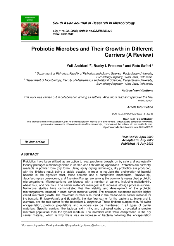 (PDF) Probiotic Microbes and Their Growth in Different Carriers (A Review)