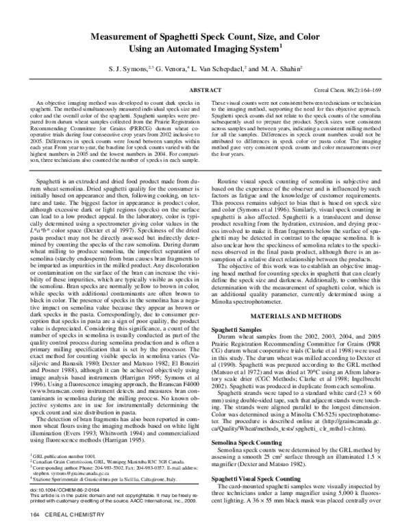 (PDF) Measurement of Spaghetti Speck Count, Size, and Color Using an ...