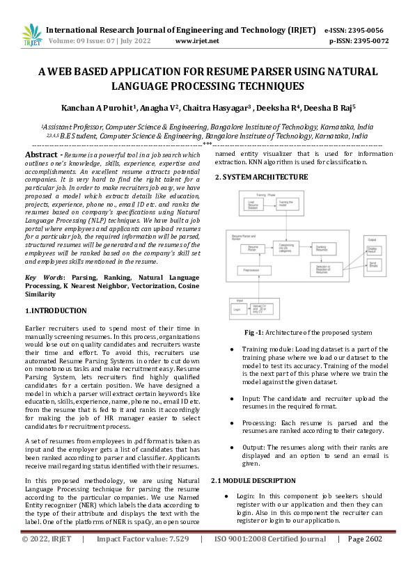 Pdf A Web Based Application For Resume Parser Using Natural Language