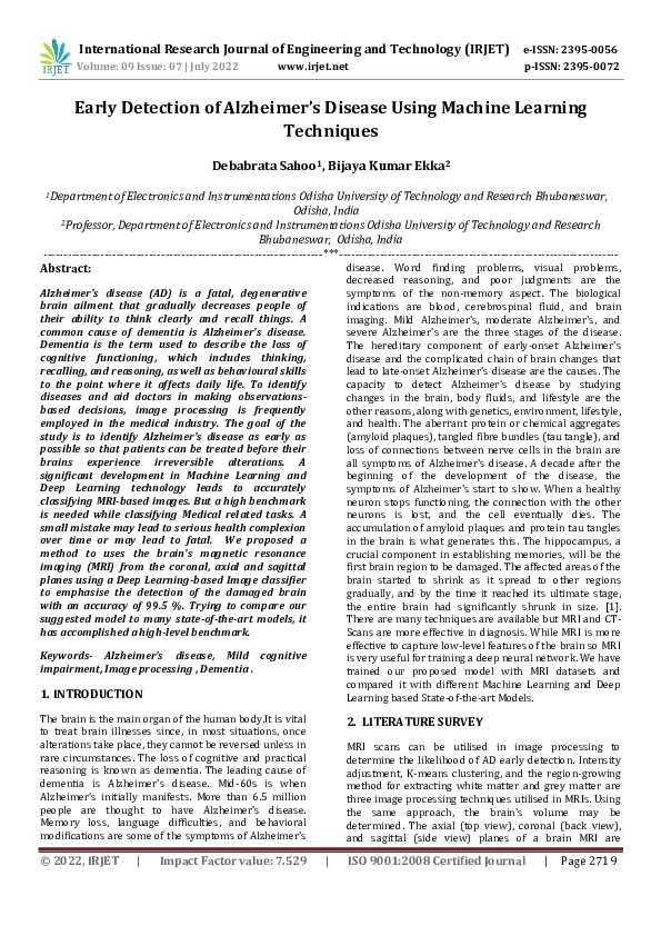 (PDF) Early Detection of Alzheimer's Disease Using Machine Learning ...