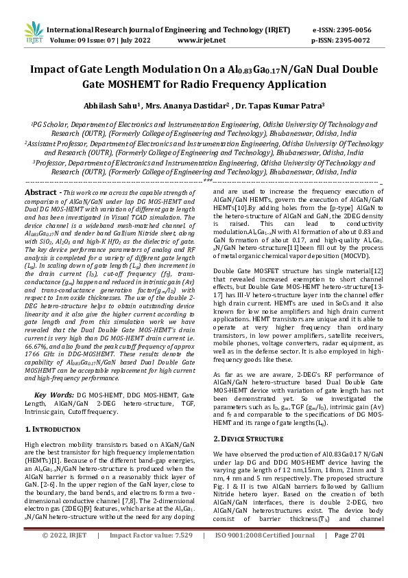 (PDF) Impact of Gate Length Modulation On a Al0.83Ga0.17N/GaN Dual Double Gate MOSHEMT for Radio ...
