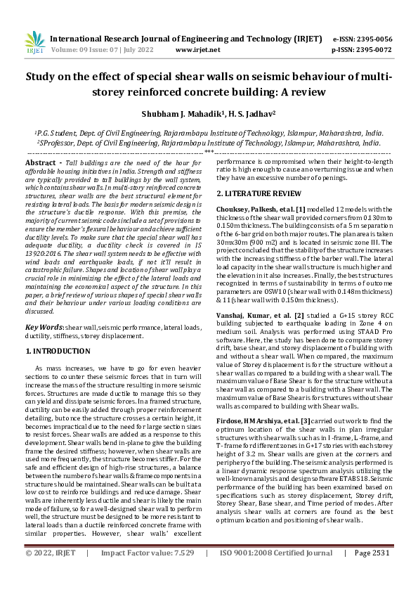 (PDF) Study on the effect of special shear walls on seismic behaviour of multistorey reinforced ...