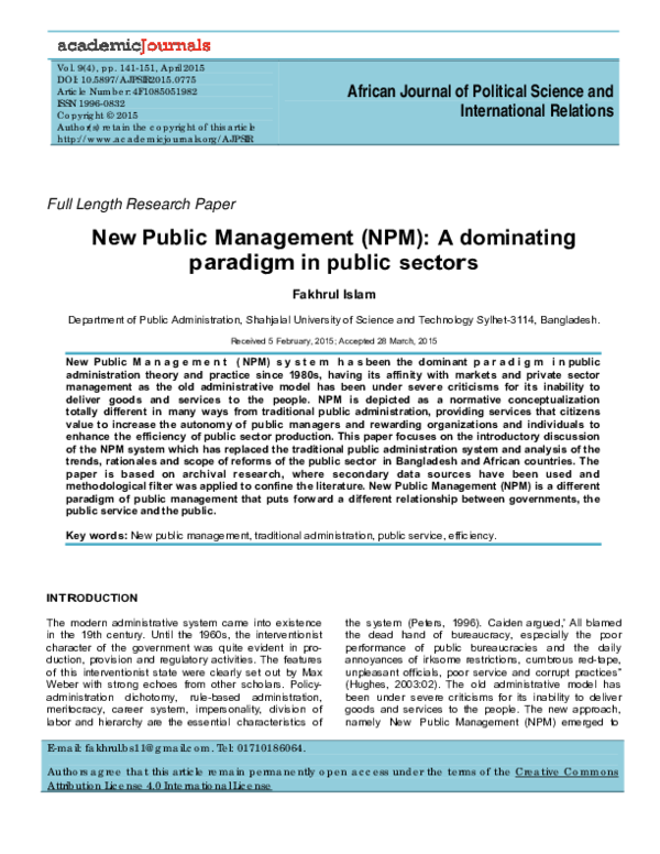 (PDF) New Public Management (NPM): A dominating paradigm in public sectors