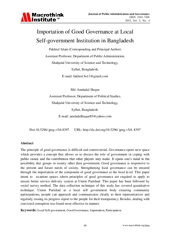 (PDF) Importation of Good Governance at Local Self-government Body in ...