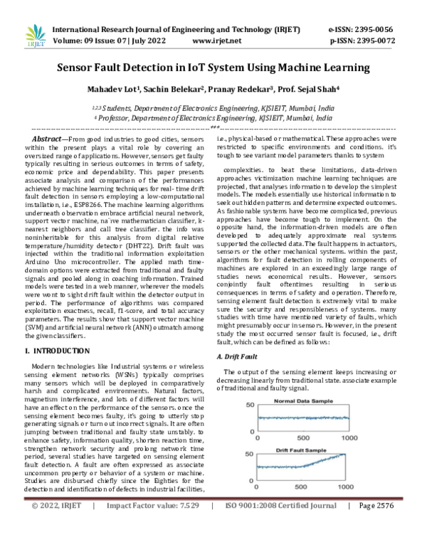 Pdf Sensor Fault Detection In Iot System Using Machine Learning