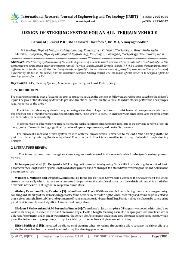 (PDF) DESIGN OF STEERING SYSTEM FOR AN ALL-TERRAIN VEHICLE