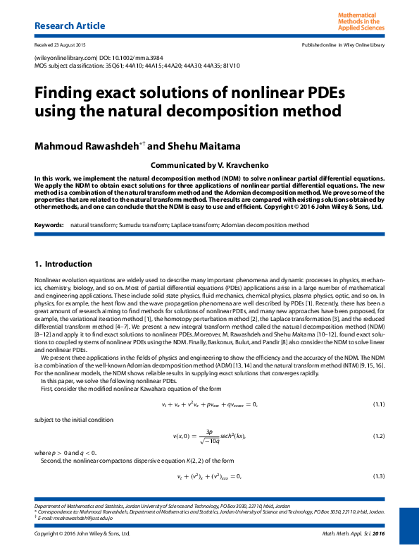 Pdf Finding Exact Solutions Of Nonlinear Pdes Using The Natural Decomposition Method
