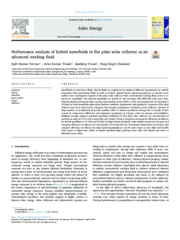 (PDF) Performance analysis of hybrid nanofluids in flat plate solar collector as an advanced ...