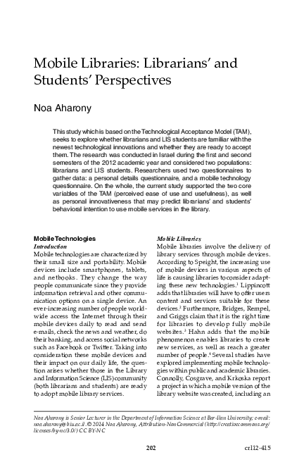 (PDF) Mobile Libraries: Librarians’ and Students’ Perspectives