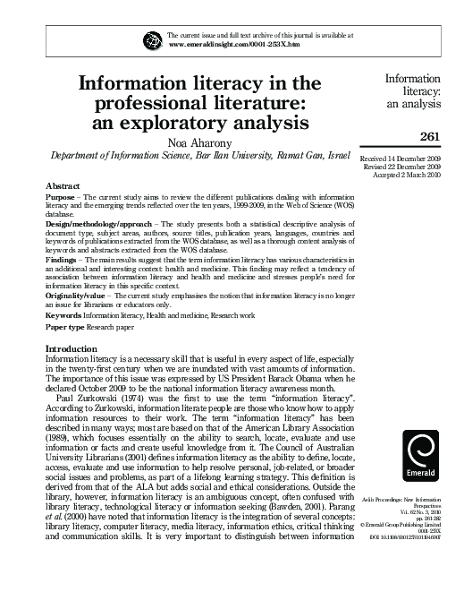 (PDF) Information literacy in the professional literature: an ...