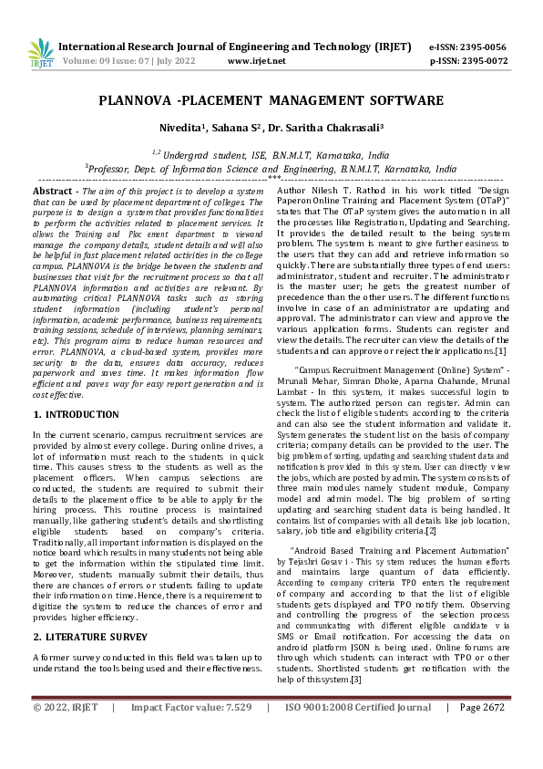 (PDF) PLANNOVA -PLACEMENT MANAGEMENT SOFTWARE | IRJET Journal ...