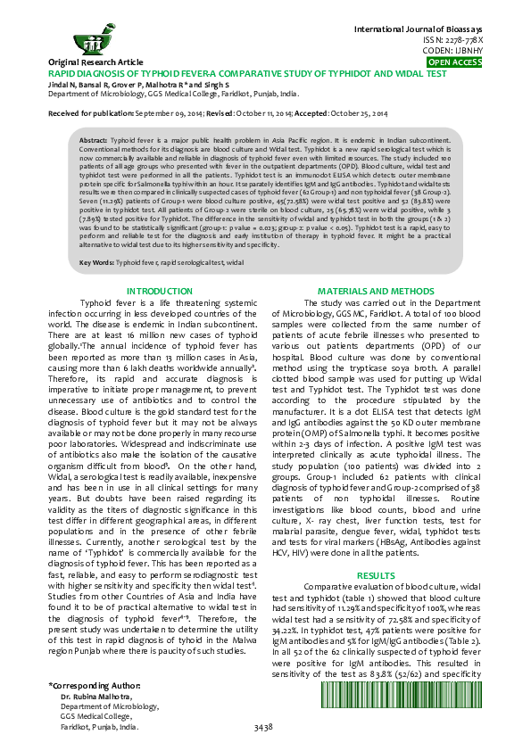 (PDF) Rapid Diagnosis of Typhoid Fever-A Comparative Study of Typhidot ...