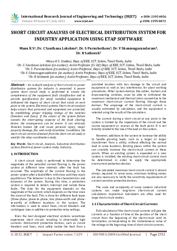(PDF) SHORT CIRCUIT ANALYSIS OF ELECTRICAL DISTRIBUTION SYSTEM FOR INDUSTRY APPLICATION USING ...
