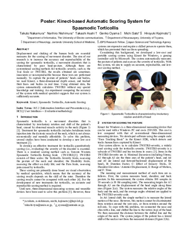 Pdf Poster Kinect Based Automatic Scoring System For Spasmodic Torticollis