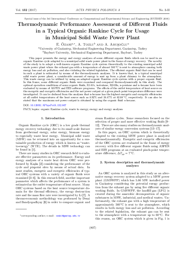 (PDF) Fluids for Organic Rankine Cycles in Waste Plants