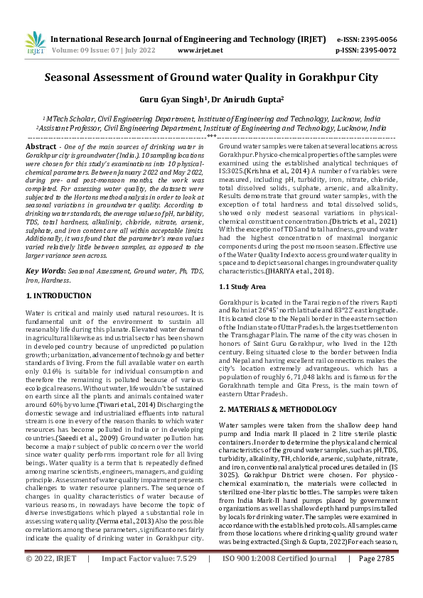 (PDF) Seasonal Assessment of Ground water Quality in Gorakhpur City