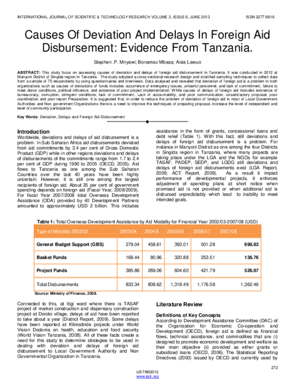 (PDF) Causes Of Deviation And Delays In Foreign Aid Disbursement: Evidence From Tanzania