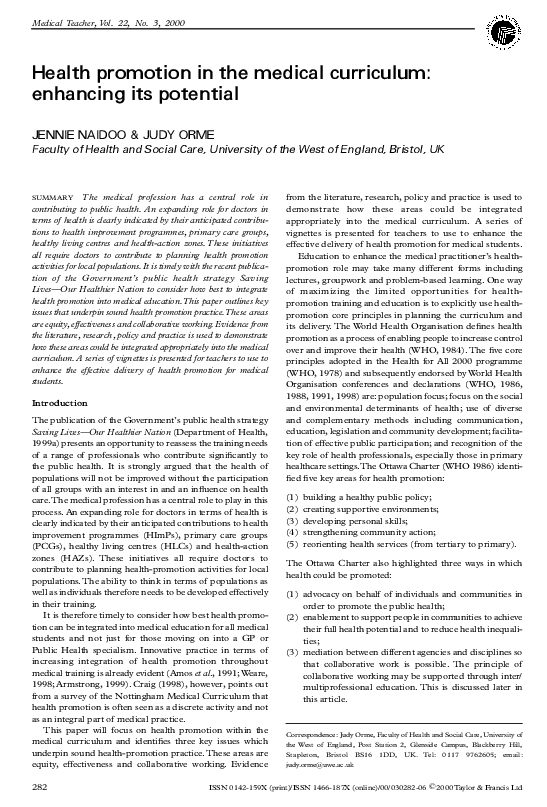 (PDF) Health promotion in the medical curriculum: enhancing its potential