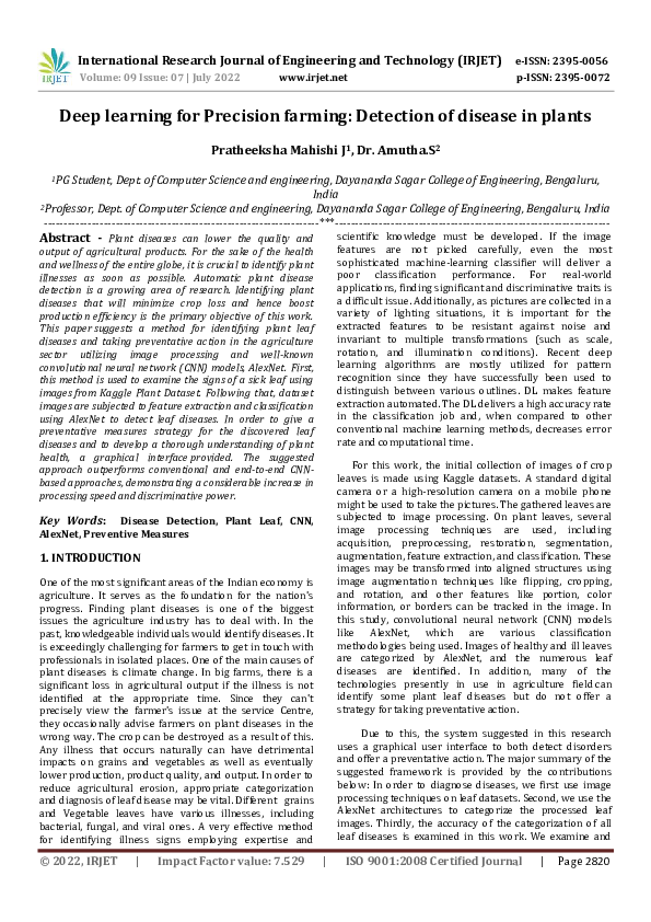 (PDF) Deep learning for Precision farming: Detection of disease in plants