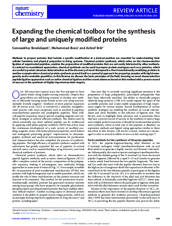 (PDF) Expanding the chemical toolbox for the synthesis of large and uniquely modified proteins