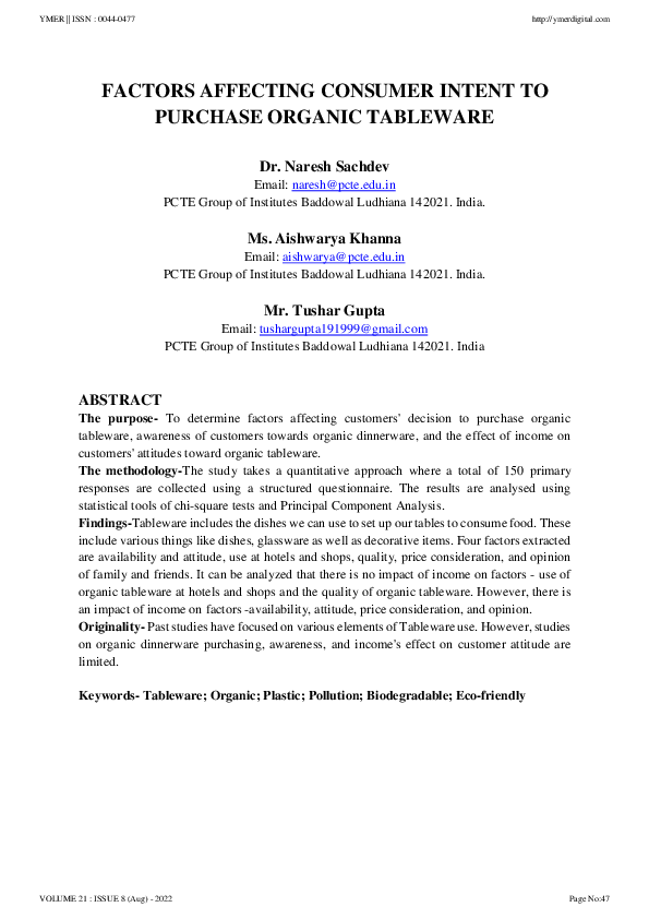 (PDF) Factors Affecting Consumer Intent to Purchase Organic Tableware