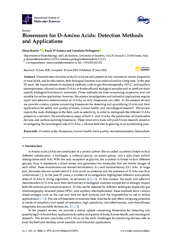 (PDF) Biosensors for D-Amino Acids: Detection Methods and Applications