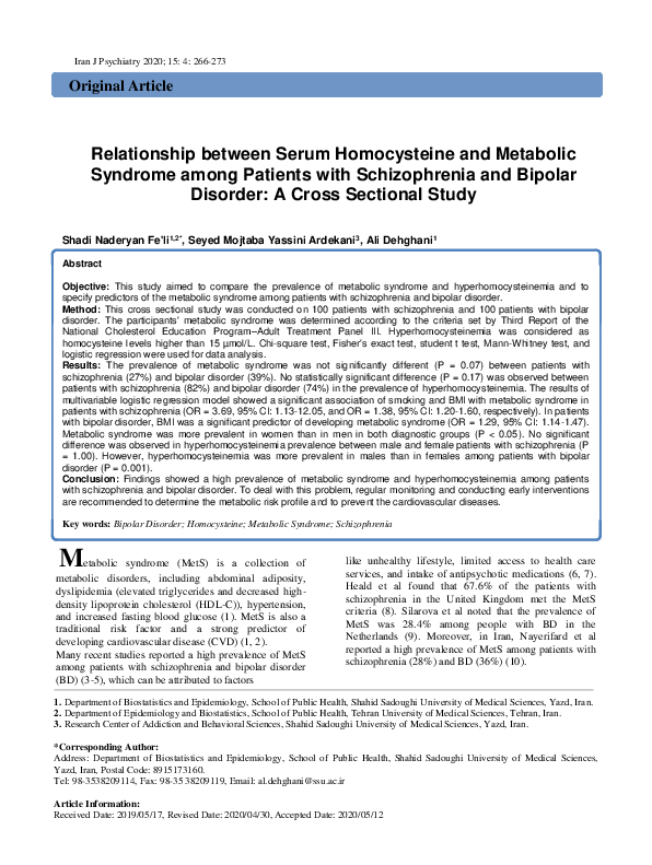 (PDF) Relationship between Serum Homocysteine and Metabolic Syndrome among Patients with ...