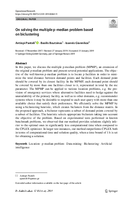 Pdf On Solving The Multiple P Median Problem Based On Biclustering Basilis Boutsinas