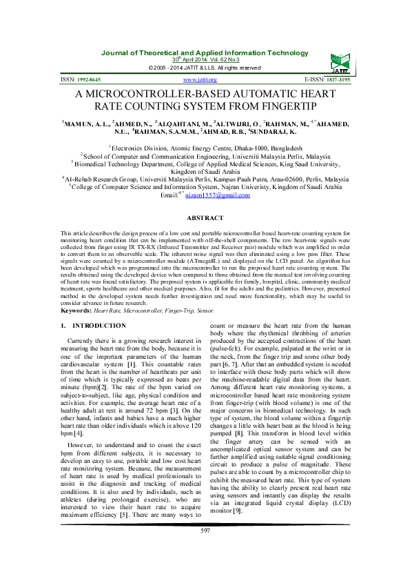 Pdf A Microcontroller Based Automatic Heart Rate Counting System From Fingertip