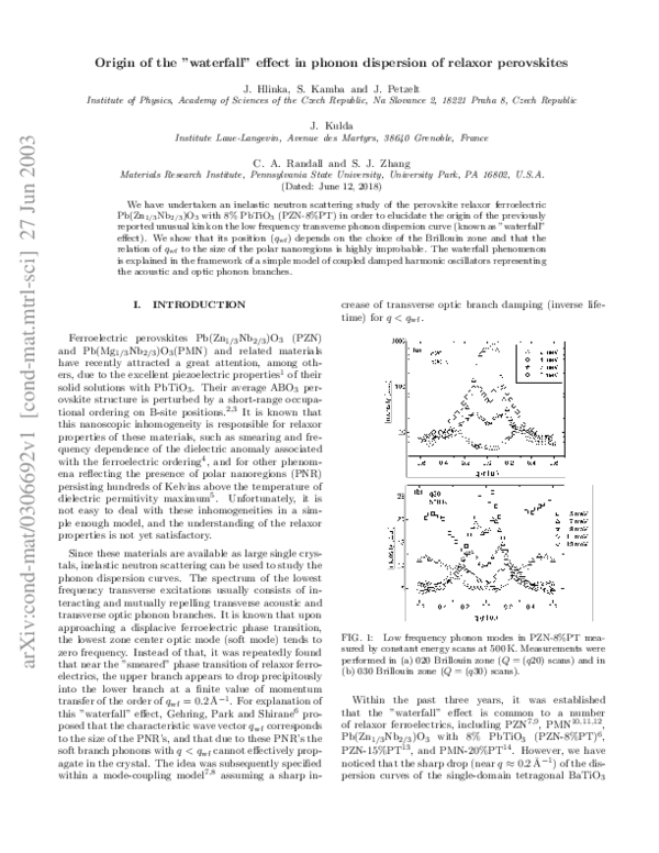 (PDF) Origin of the “Waterfall” Effect in Phonon Dispersion of Relaxor ...