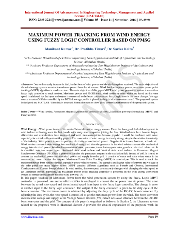 (PDF) Maximum Power Tracking from Wind Energy Using Fuzzy Logic Controller Based on PMSG